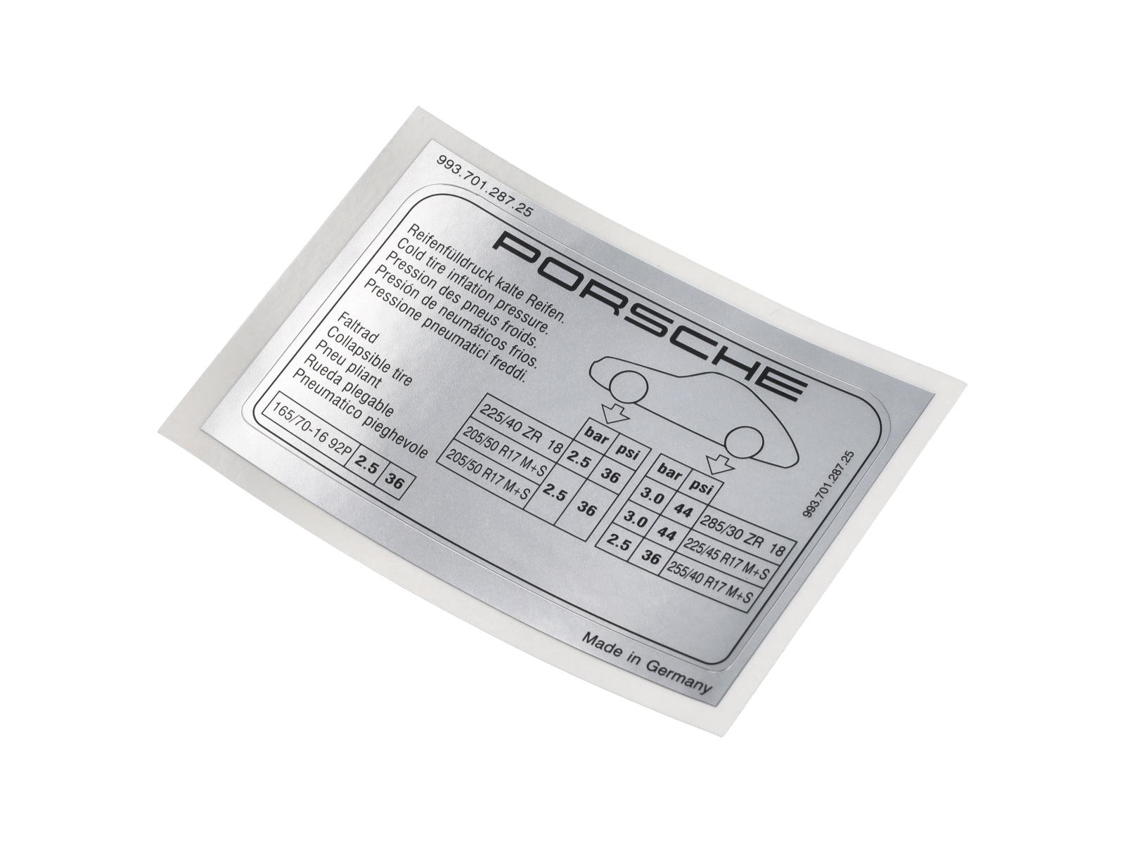 Porsche 993 Turbo Sticker Tyre Pressure 99370128725 - 99370128725 ...