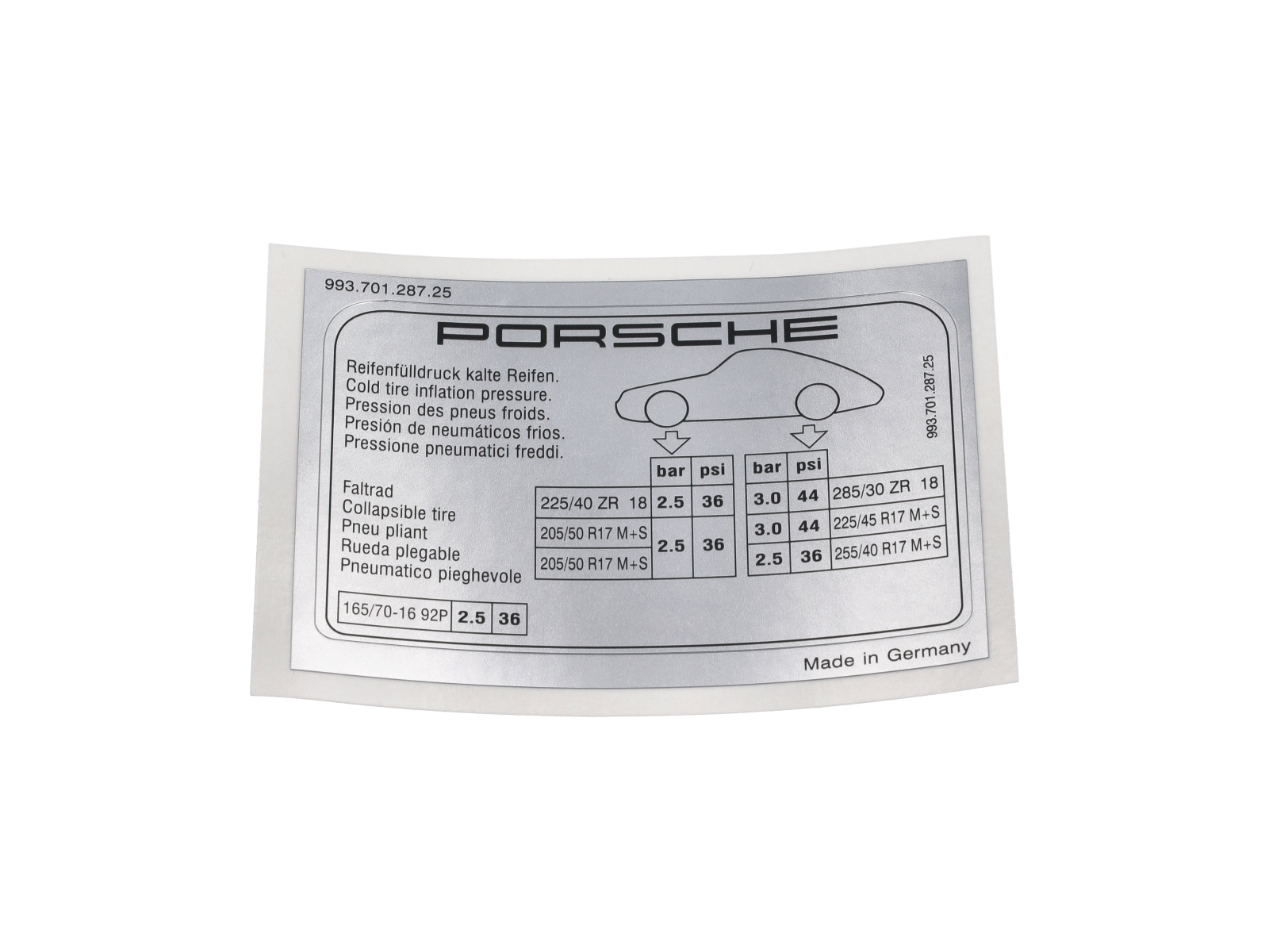 Porsche 993 Turbo Sticker Tyre Pressure 99370128725 - 99370128725 ...