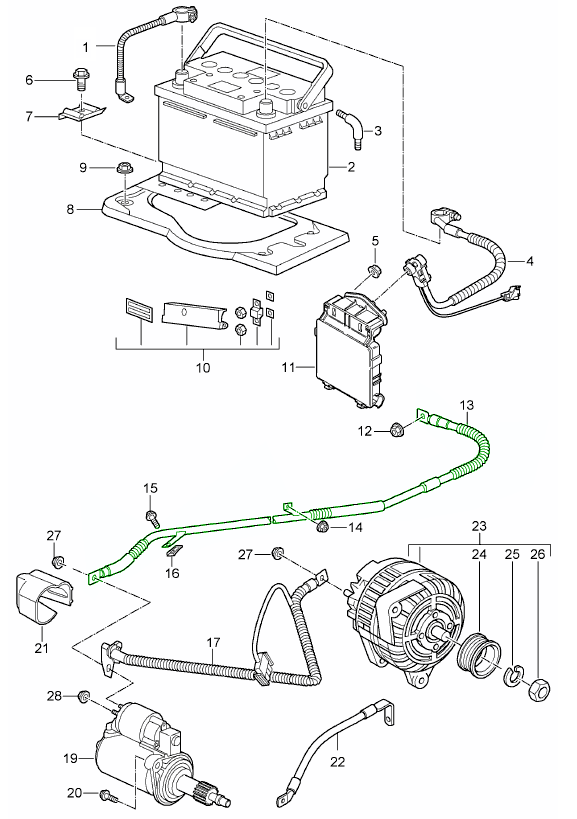 Porsche 997 Turbo 997 GT3 Power distributor to starter cable ...