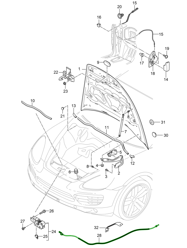 95851153111 Front bonnet release cable Porsche 958 Cayenne RHD ...