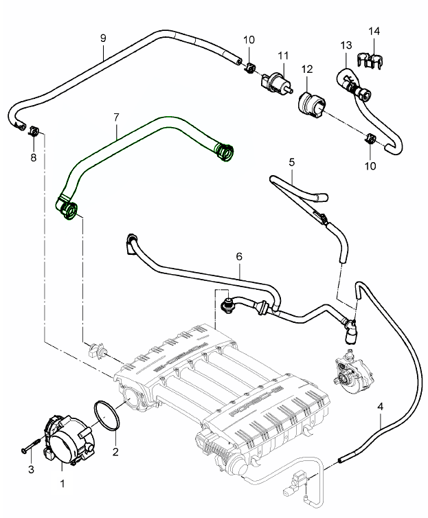 Porsche 955 Cayenne Turbo Vent line from valve cover to crankcase ...