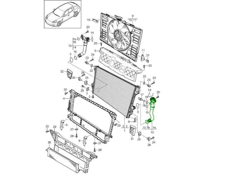 Distributor tube (Left / Return) for water radiator. Porsche 970 ...