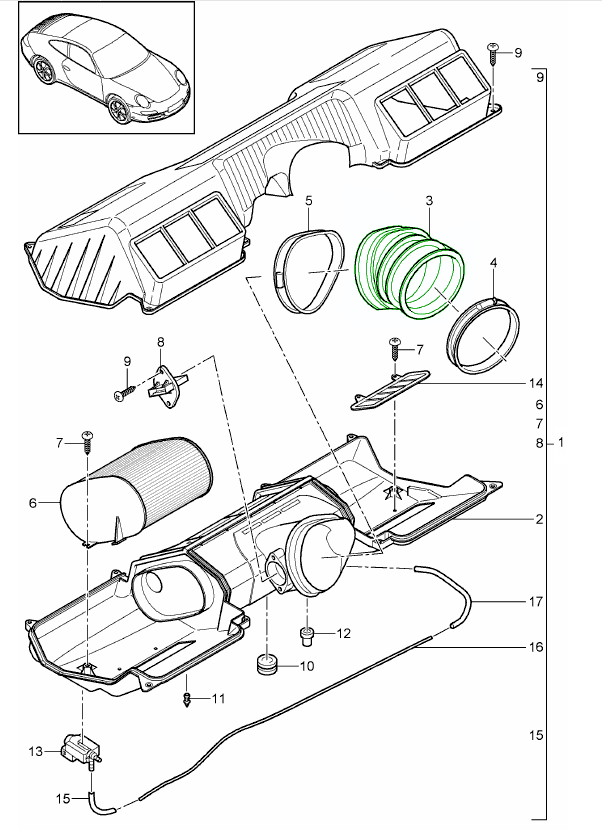Air mass meter to air box elbow hose for Porsche 997.2 99711027031 ...