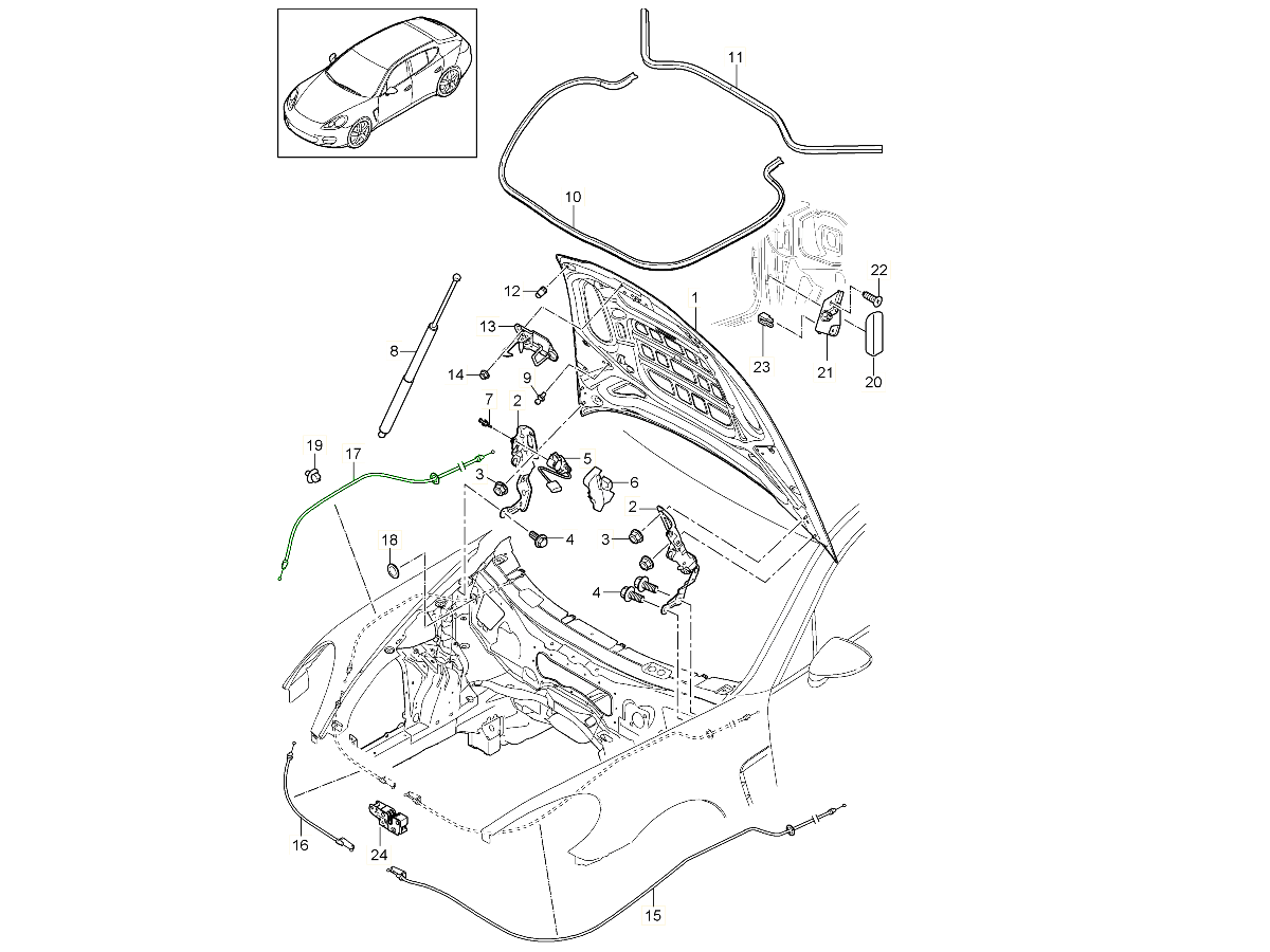 Porsche 970 Panamera Lid lock release cable 97051122001 97051122002 ...