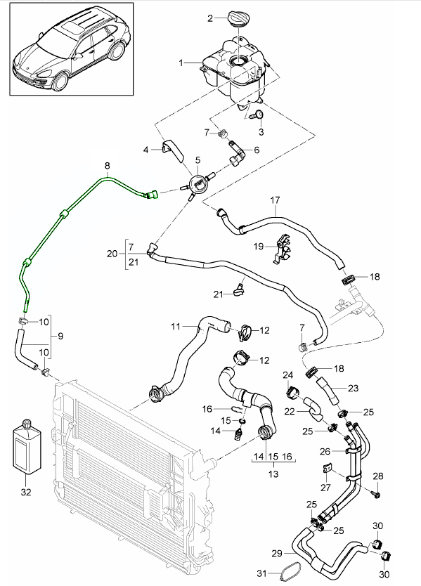 Porsche 958 Cayenne Breather valve to radiator vent line 95810631005 ...