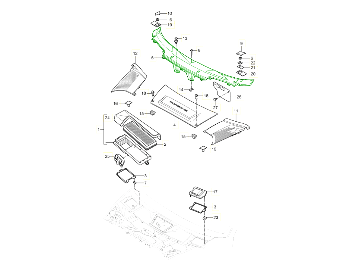 Porsche 987 Boxster Cayman 997 LHD Windscreen scuttle panel plastic ...