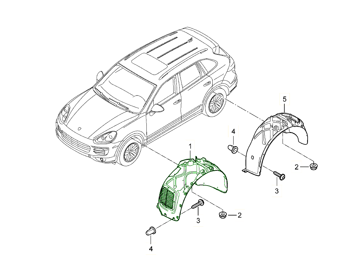 Porsche 958 Cayenne Front wheel arch lining 95850496105 95850496201 ...