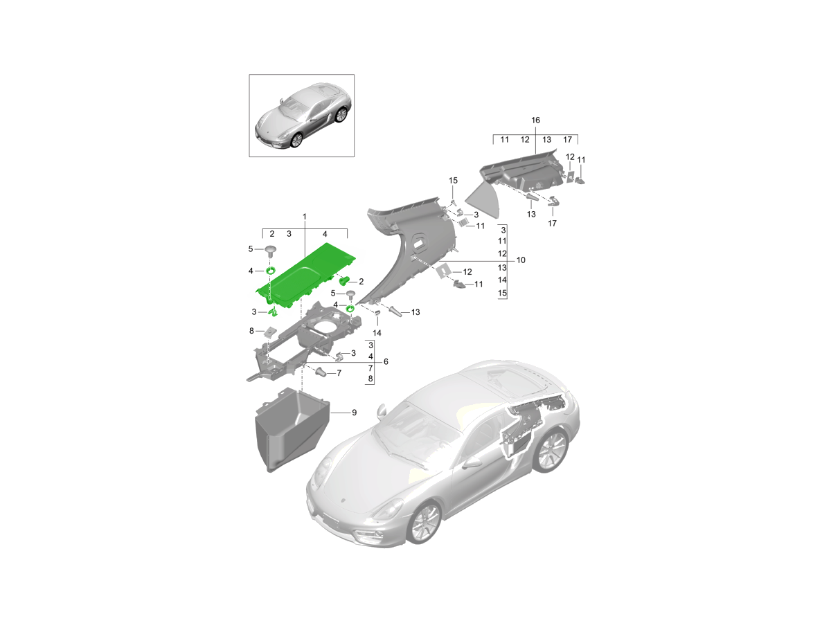 Plastic Cover for Rear Hatch Storage Compartment - Left. Porsche 981 / ...