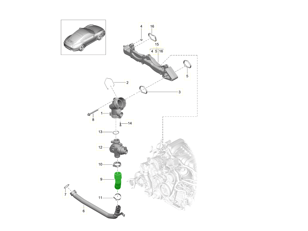 Porsche 991 Coolant hose Valve to water pipe 0PB121082 9A110661700 ...