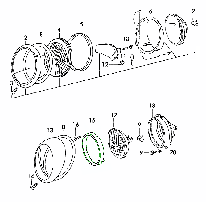 Porsche 911 Headlamp ring for sealed beam headlamp 90163110206 ...