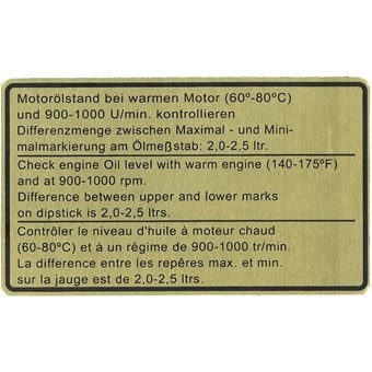 Sticker Engine Oil Level. Porsche 911 / 930 1969 - 1977 - 91100650401/2 ...