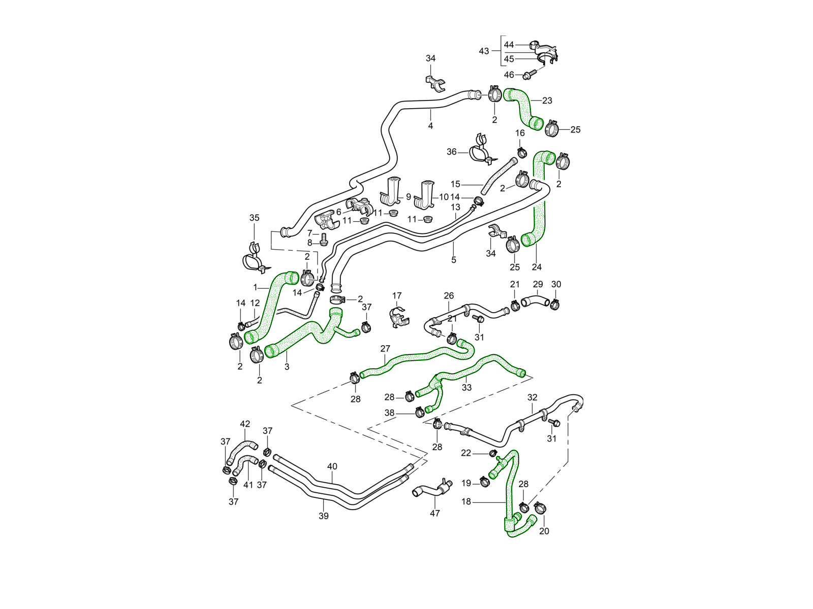 Water coolant engine section pipe kit. Porsche 996 C4 3.4L Manual ...