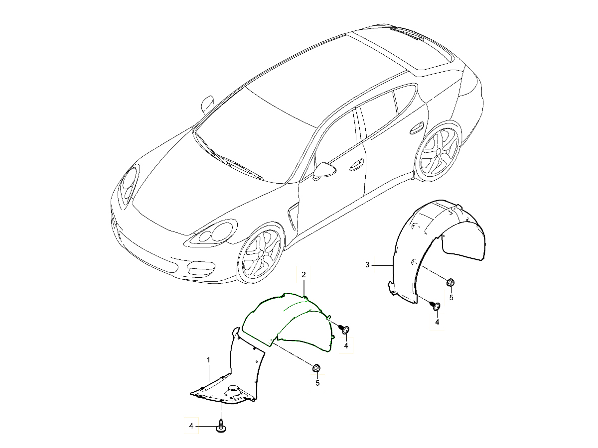 Front wheel arch liner, rear part. Porsche 970 Panamera SWB 97050412604 ...