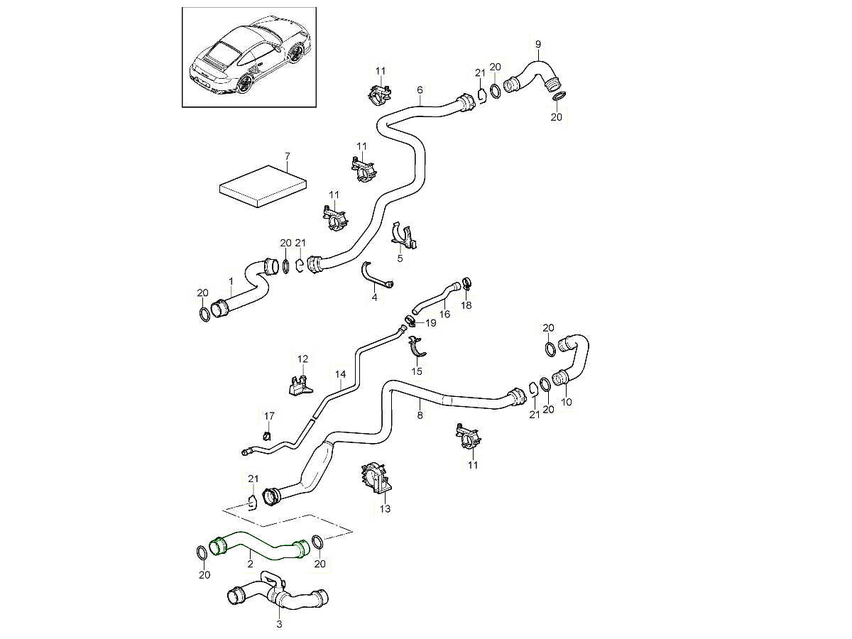 Water coolant hose, return. Porsche 997.1 / 997.2 (Manual cars ...