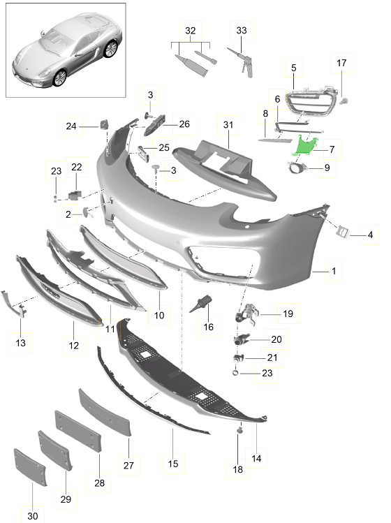 Porsche 981C Cayman Front bumper trim 981505767031E0 and 981505768031E0 ...