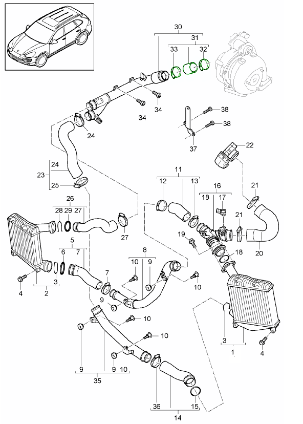 Intercooler to Turbo pressure coupling hose Porsche Cayenne 958 V6 3.0L ...