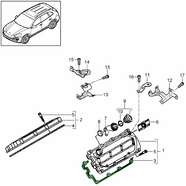 Porsche 958 Cayenne Diesel Engine valve cover gasket 95510523210 ...