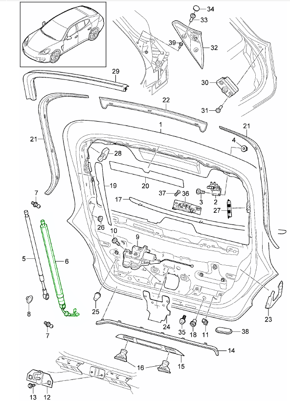 Porsche 970 Panamera Rear boot lid electric damper 97051257318 ...