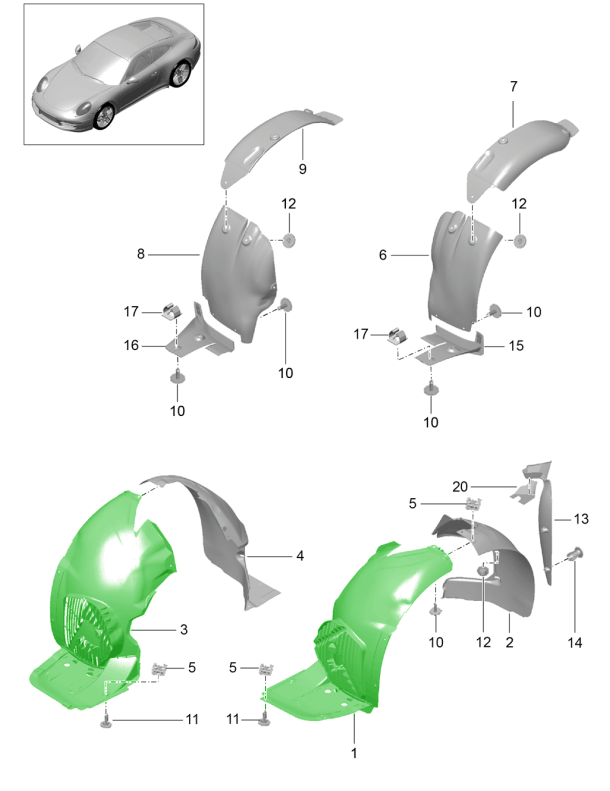 Porsche 991 Wheel arch liner front 99150450201 and 99150450101 ...