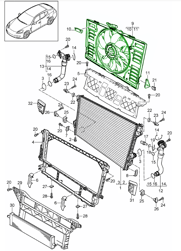 Porsche 970 Panamera Water radiator air duct with fan 97010606106 ...