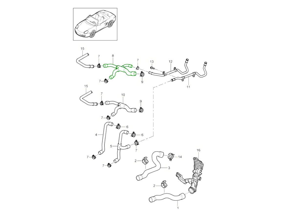 Porsche 987 Boxster Cayman water hose return line 98710652202 ...