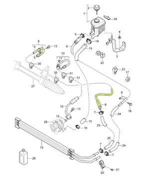 Power steering return line steering rack to oil cooler RHD. Porsche 958 ...