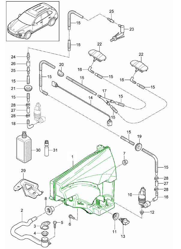 Porsche Cayenne Water tank for windscreen washer system 95852870300 ...