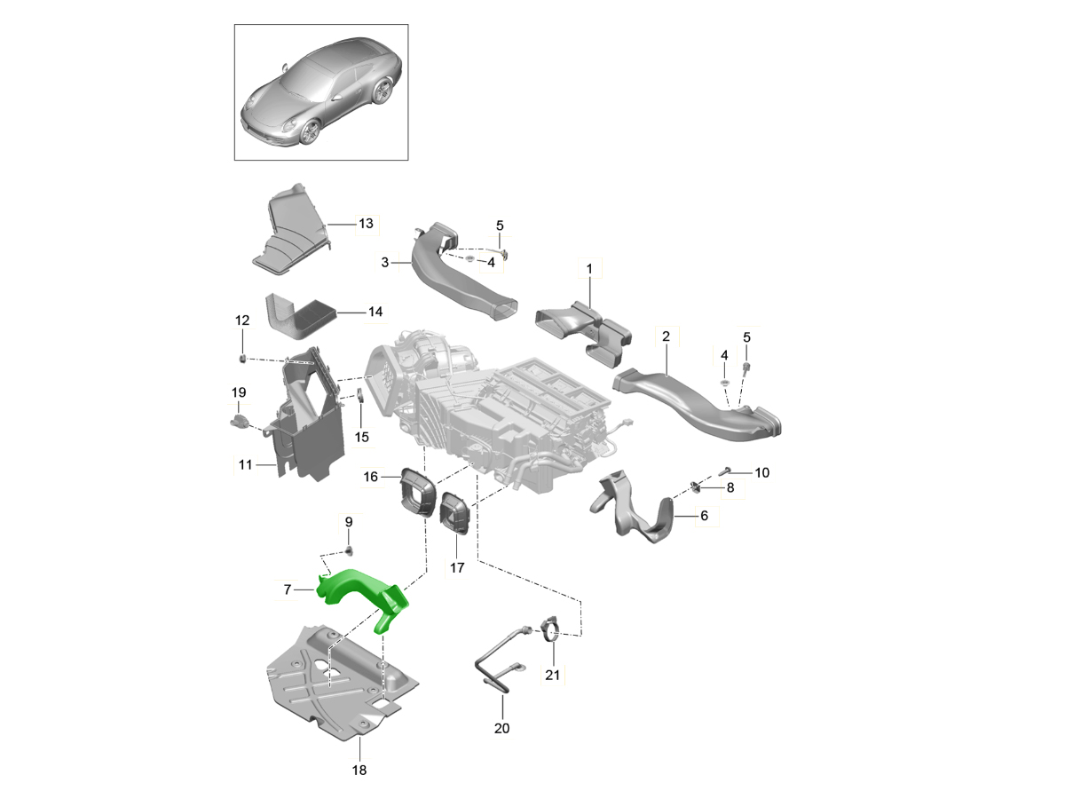 Cabin air duct channel - Footwell vent, passenger side. Porsche 981 982 Boxster Cayman 991 ...