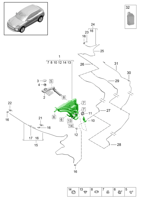 Porsche Macan Windscreen Washer Reservoir Tank 95B955451 - 95B955451B ...