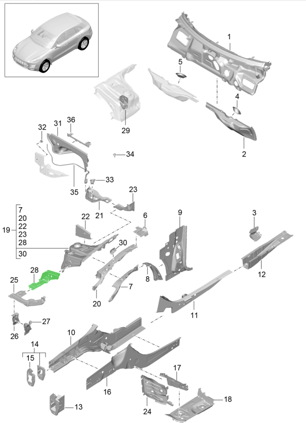 Porsche 95B Macan Front fender support Upper part 95B805457AYGRV ...