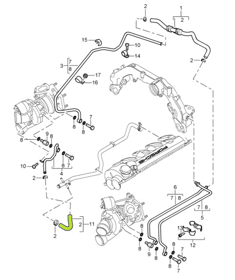 Water coolant hose for turbocharger cooler system. Porsche 955 Cayenne ...