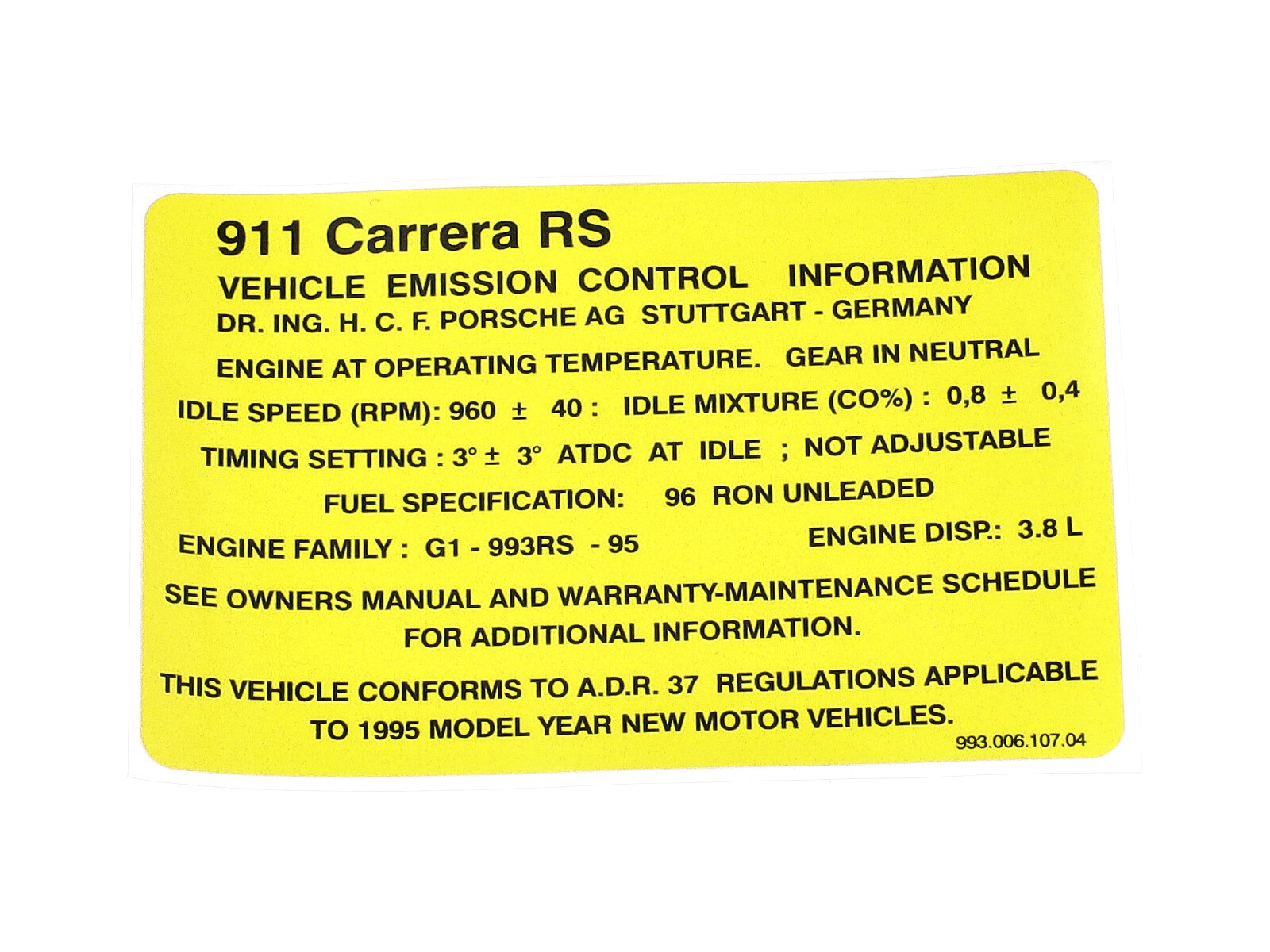 Porsche 993 RS Sticker for engine specification 99300610704 ...