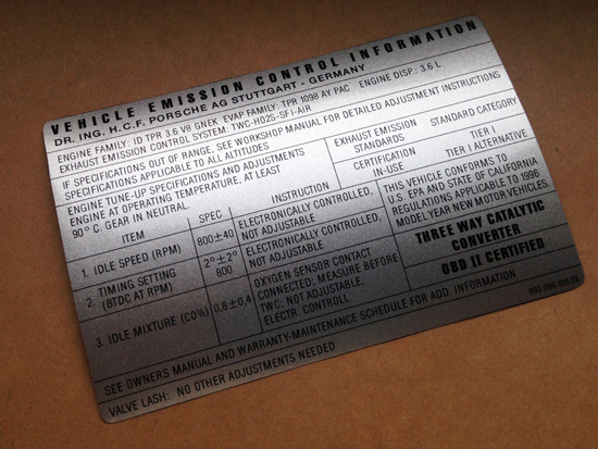 Porsche 911 Emission sticker for engine lid 99300610909 - 99300610909/1 ...