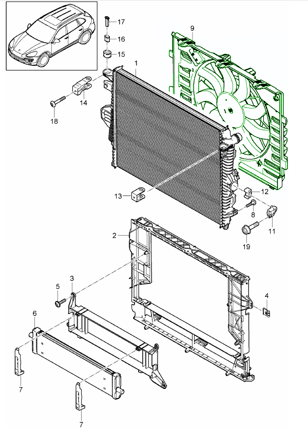 Porsche Cayenne Water radiator air duct with fan 95810606130 ...
