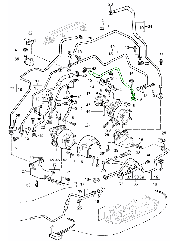 Porsche 997 Turbo Turbocharger coolant line 99710607675 - 99710607578 ...