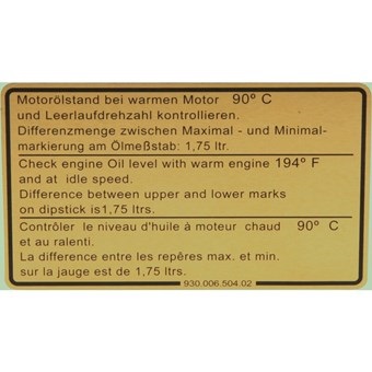 Sticker Engine Oil Level. Porsche 911 SC / 3.2 Carrera / turbo ...