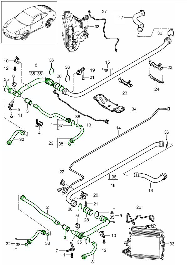 Radiator pipes replacement kit. Porsche 987 / 987C / 997 Carrera ...