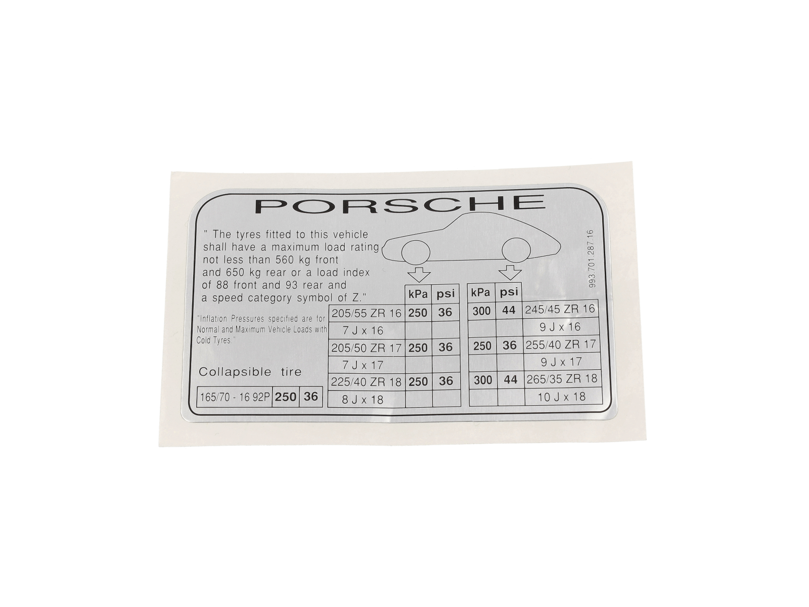 99370128716 Porsche Data Plate/Sticker - Tyre Pressure. Porsche 993 ...