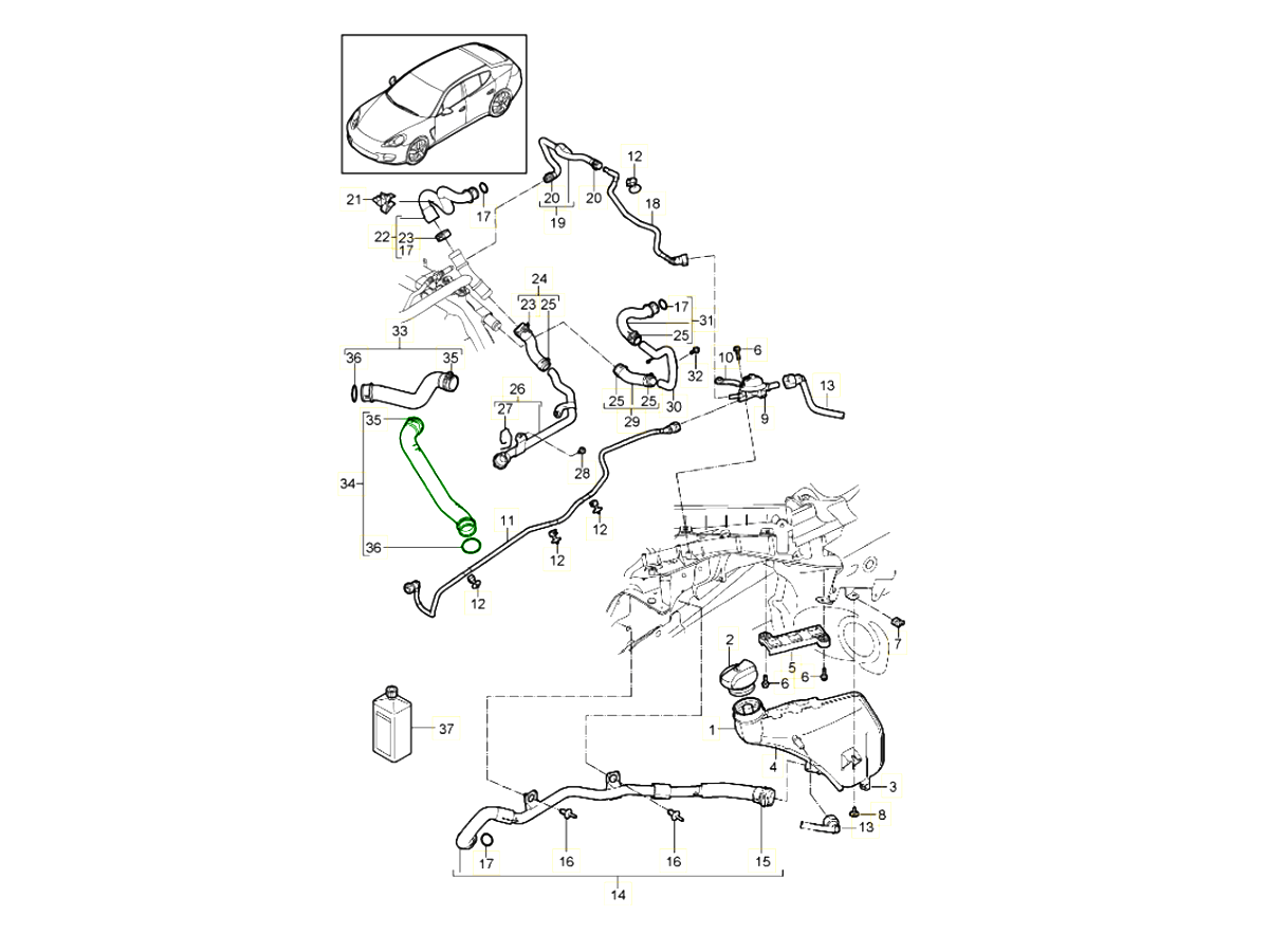 Porsche 970 Panamera Water coolant hose return 97010640102 ...