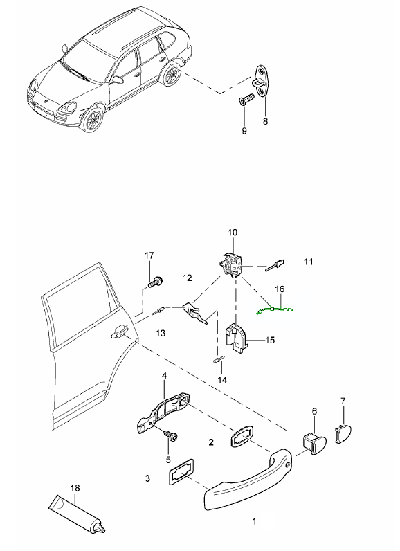Porsche 955 Cayenne Rear door lock bowden cable 95553308500 ...