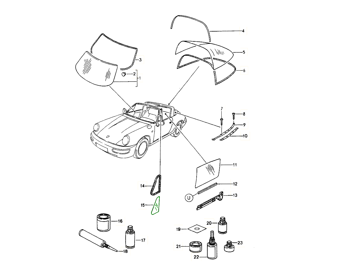 Front 1/4 window glass, Clear. Porsche 911 / 964 TARGA - 91154250340/1 ...