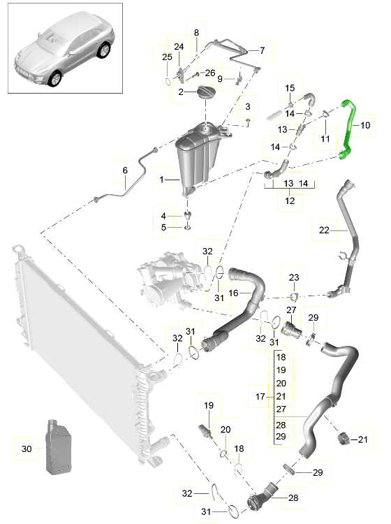 Original Porsche 95B121049A Coolant hose Water tank to t-piece for ...
