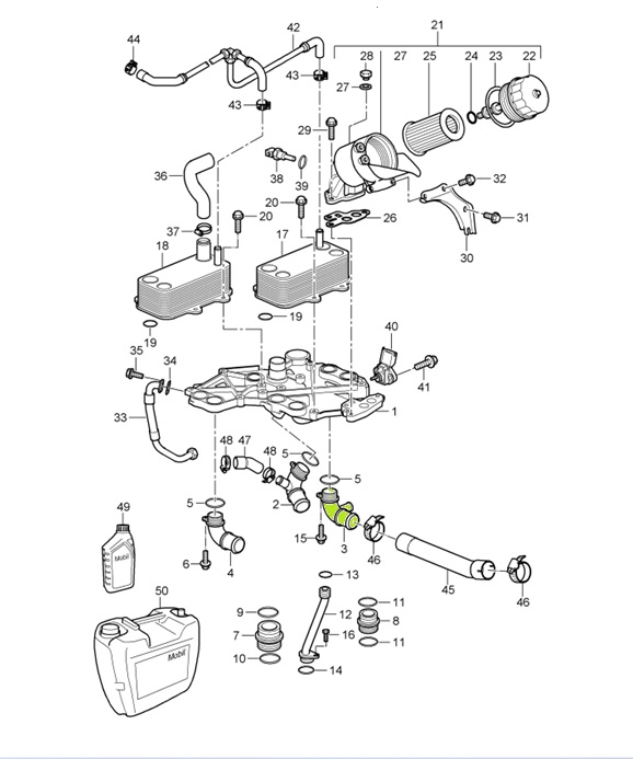 Oil pipe union connecting piece. Porsche 997.1 turbo / 997.2 GT2 ...