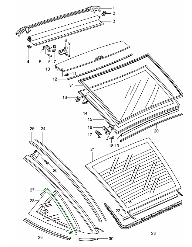 Porsche 993 Targa rear 1/4 glass seal 99356254300 99356254400 ...